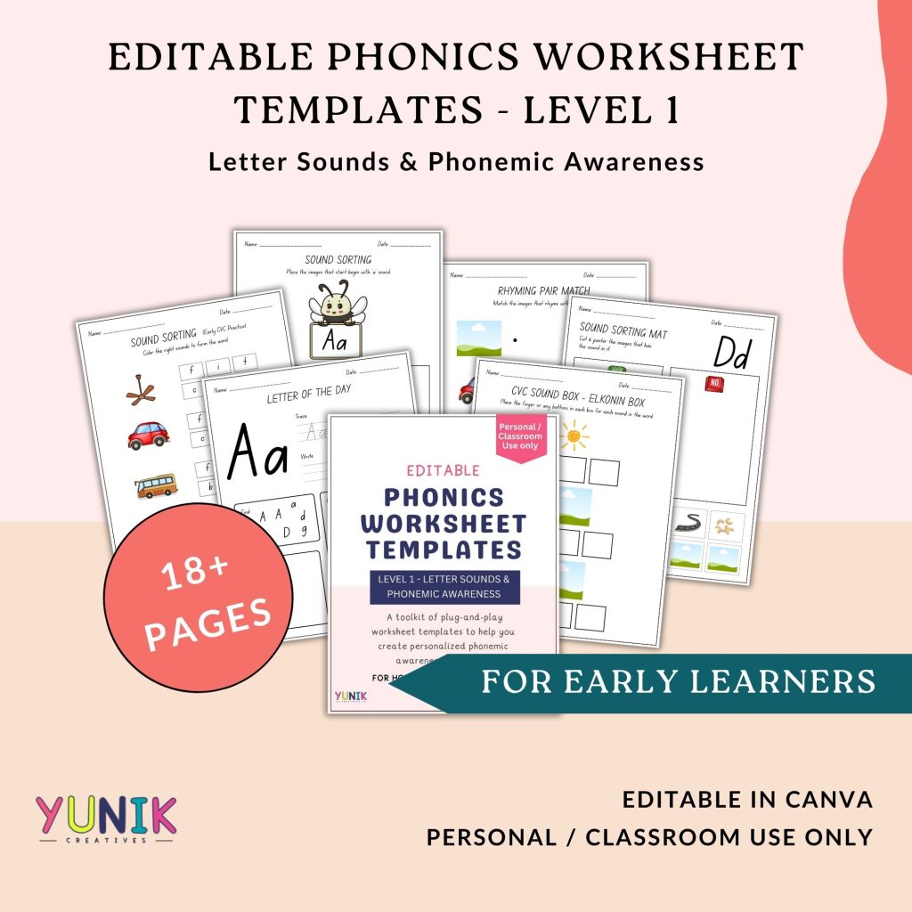 Editable Phonics Worksheet Templates (Level 1) | Yunik Little Kids